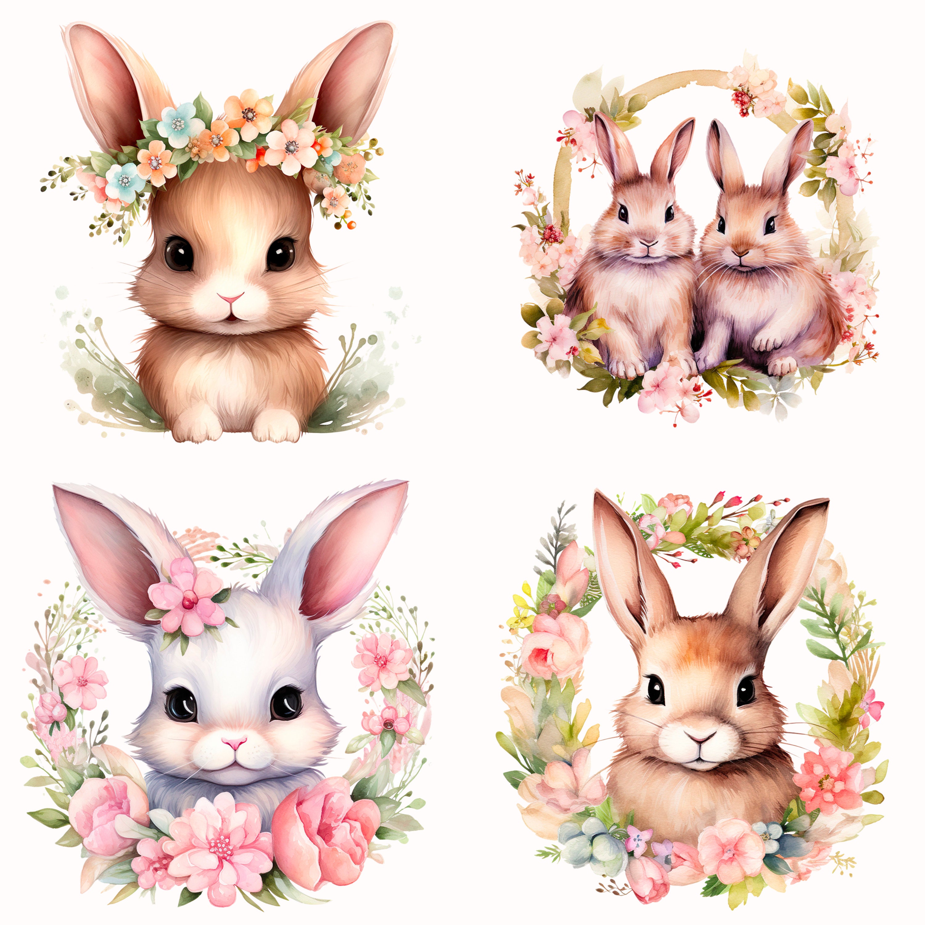 Cute Bunny Flowers Wreath Clip Art, Tiny Floral Rabbit Illustration PNG ...
