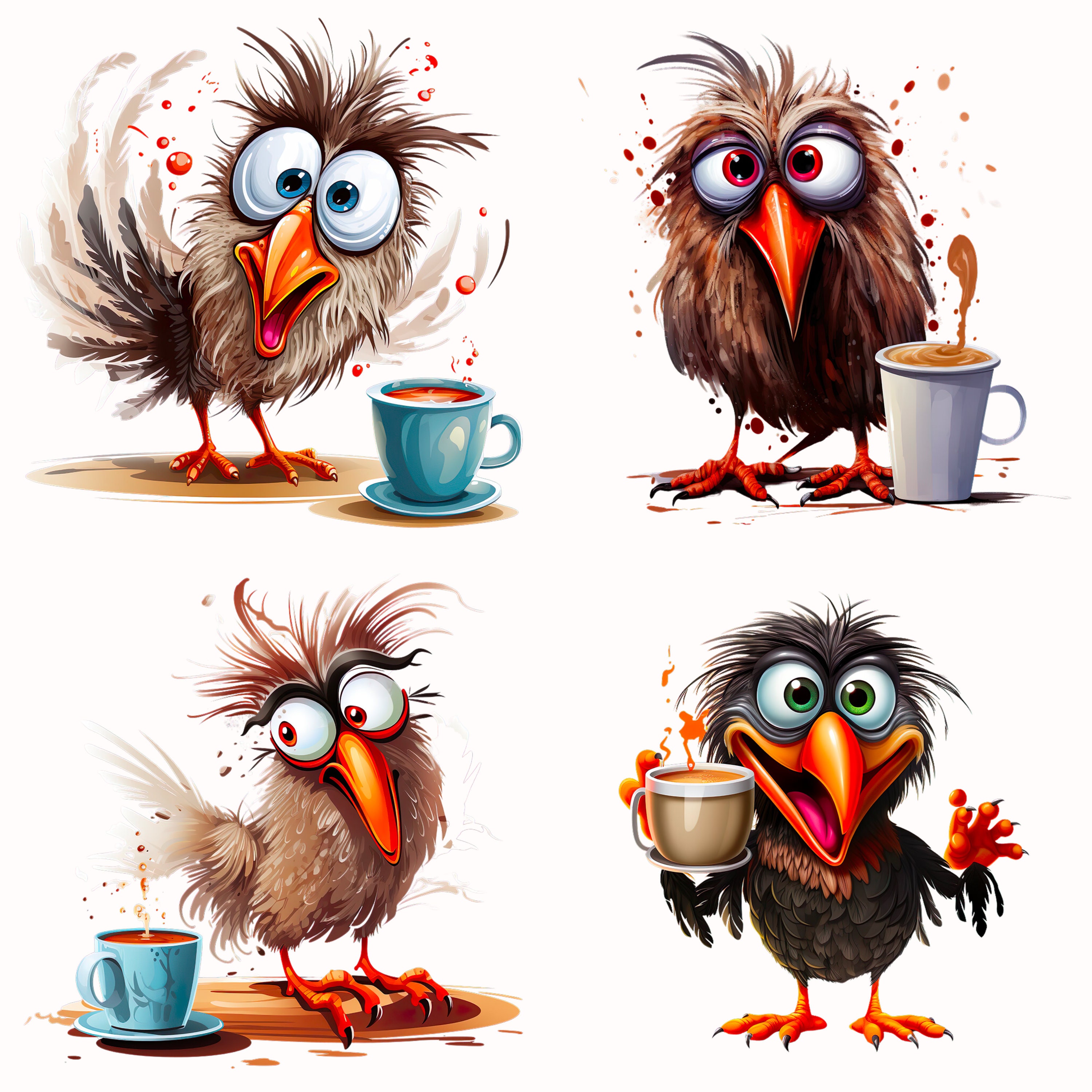 Funny Coffee Birds Watercolor Clipart: Cartoon Owl & Crow PNG (digital ...