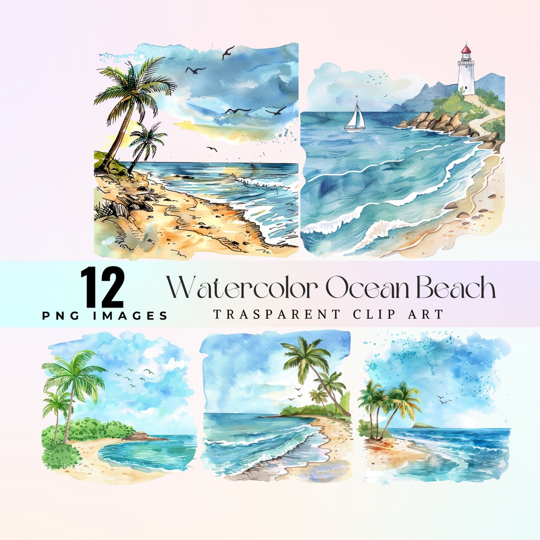 Lovely Ocean Beach Clip Art, Watercolor Cute Beach Vibes Illustration ...