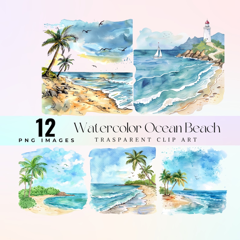 Watercolor Ocean Beach Clip Art: Coastal PNG Graphics (digital Download ...