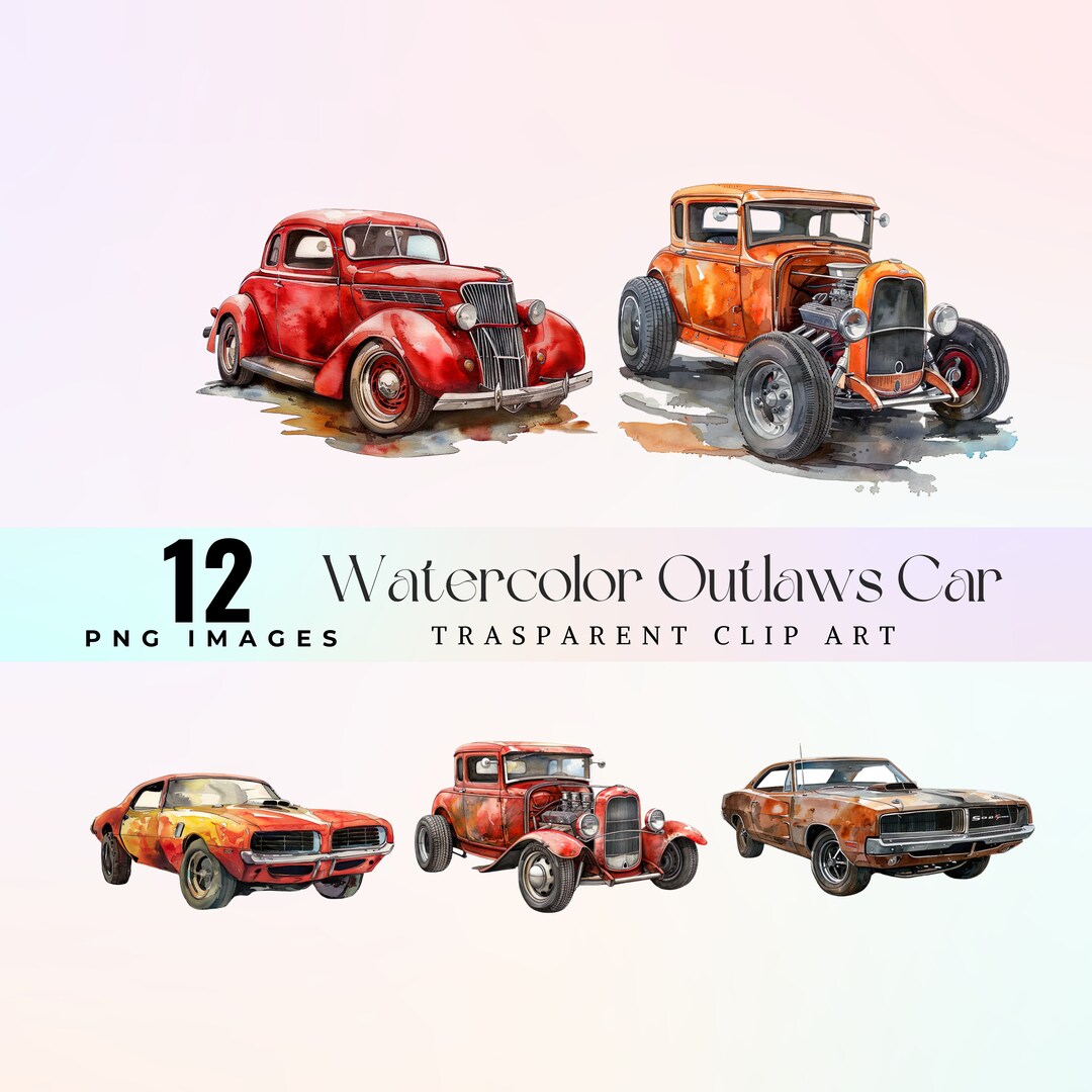 Cute Outlaws Cars Clip Art, Watercolor Amusing Bandit Vehicles ...