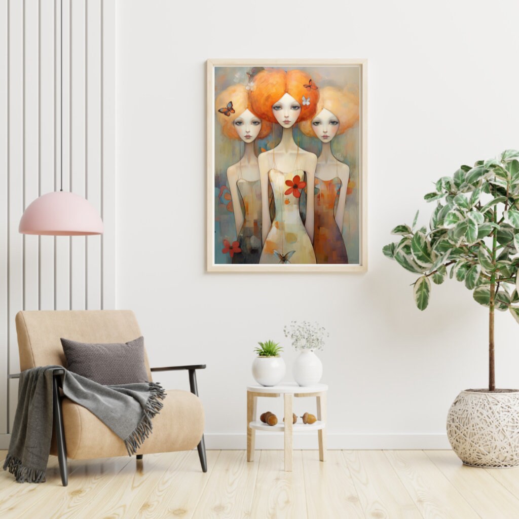 Brilliant Three Ladies Wall Art, Cute Symmetrical Women Drawing Art ...
