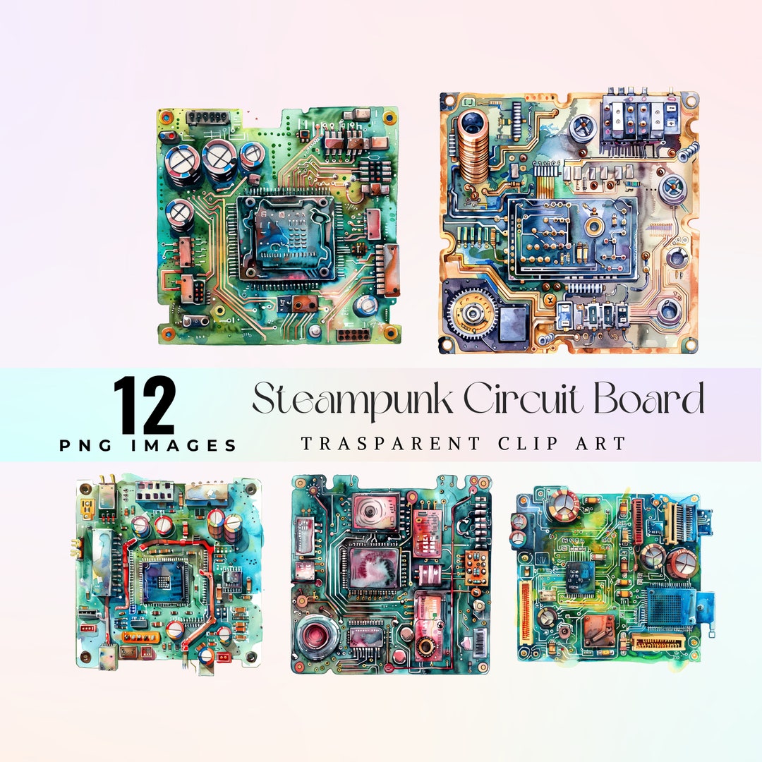 Cute Steampunk Circuit Board Clip Art, Watercolor Quirky Motherboard ...