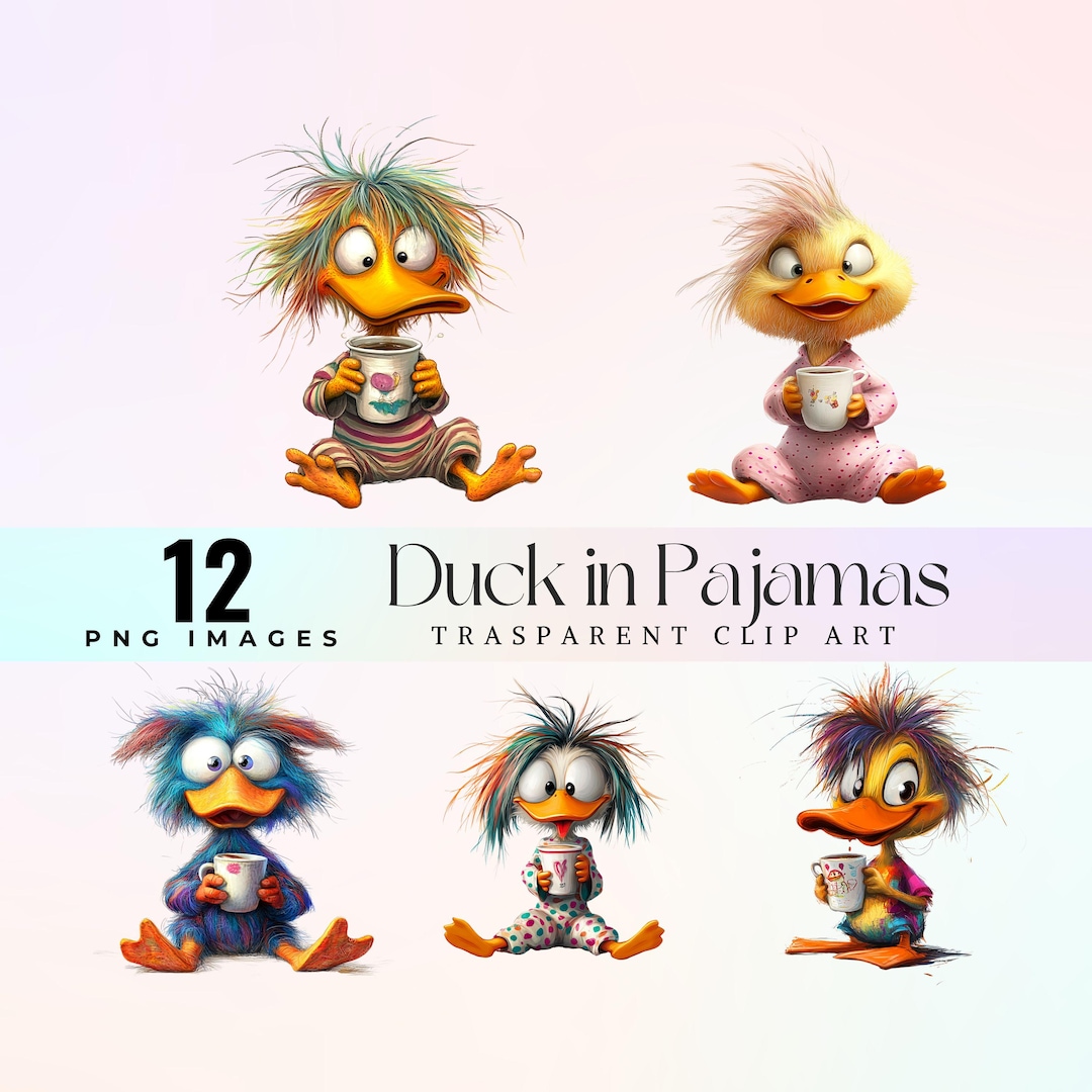 Funny Duck Drinking Coffee Clip Art, Quirky Pajamas Duckling in the ...