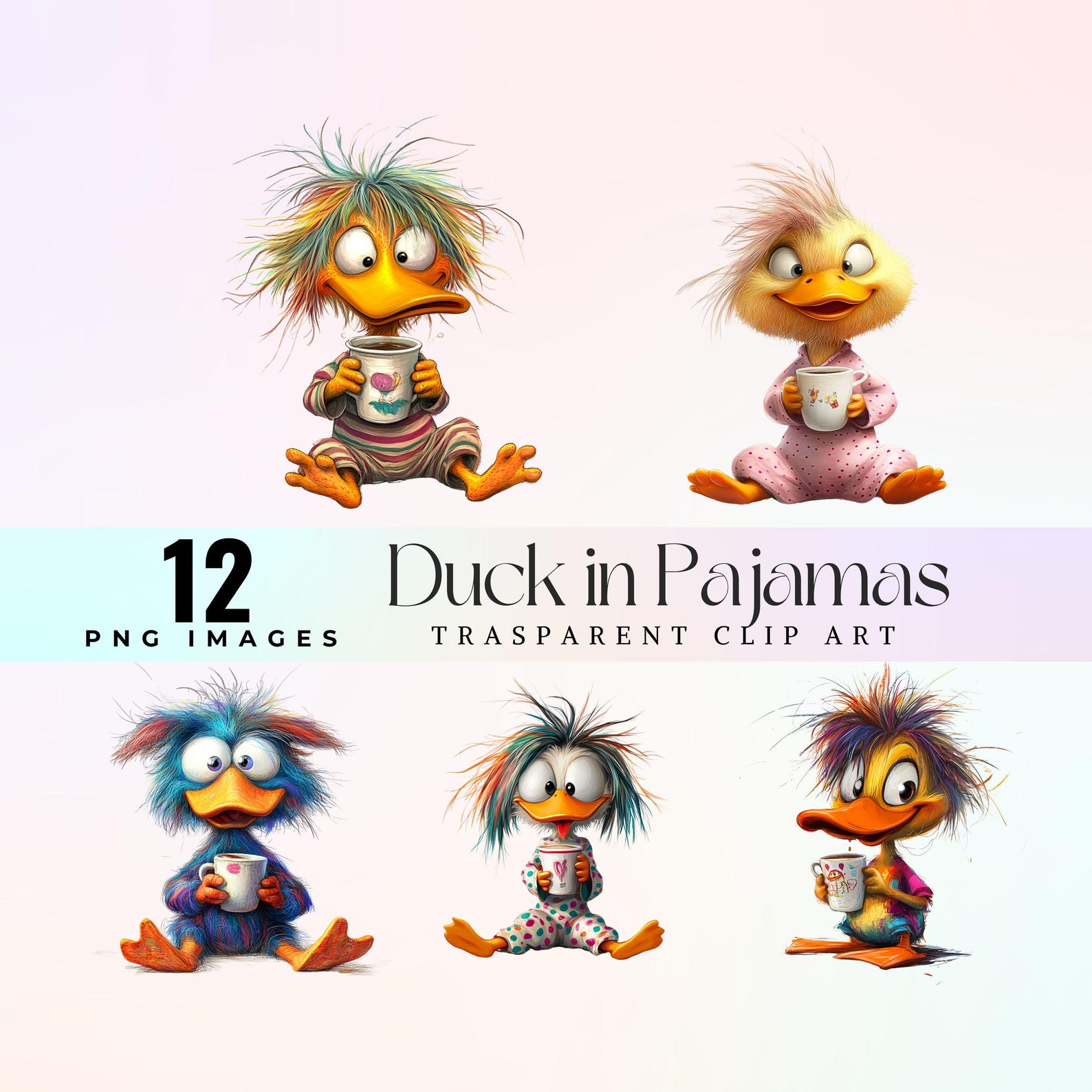 Funny Duck Drinking Coffee Clipart: Quirky Pajama Duckling PNG (digital ...