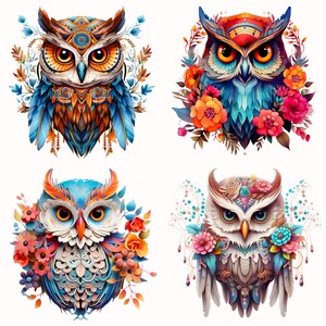 Cute Boho Owl Clip Art, Watercolor Owls and Flowers Illustration PNG ...