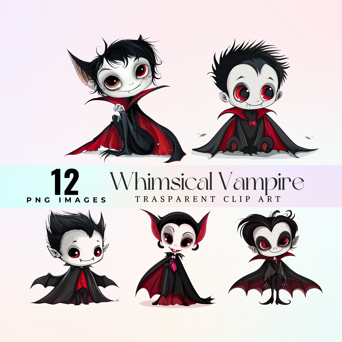 Whimsical Vampire Clip Art, Watercolor Fun Vampire Illustrations PNG ...