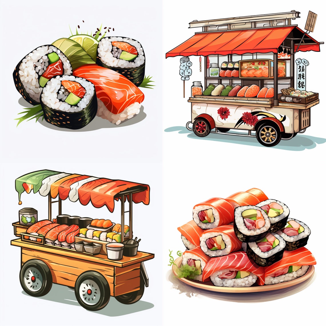 Fresh Sushi Stand Clip Art, Watercolor Artful Sushi Shop Illustration ...