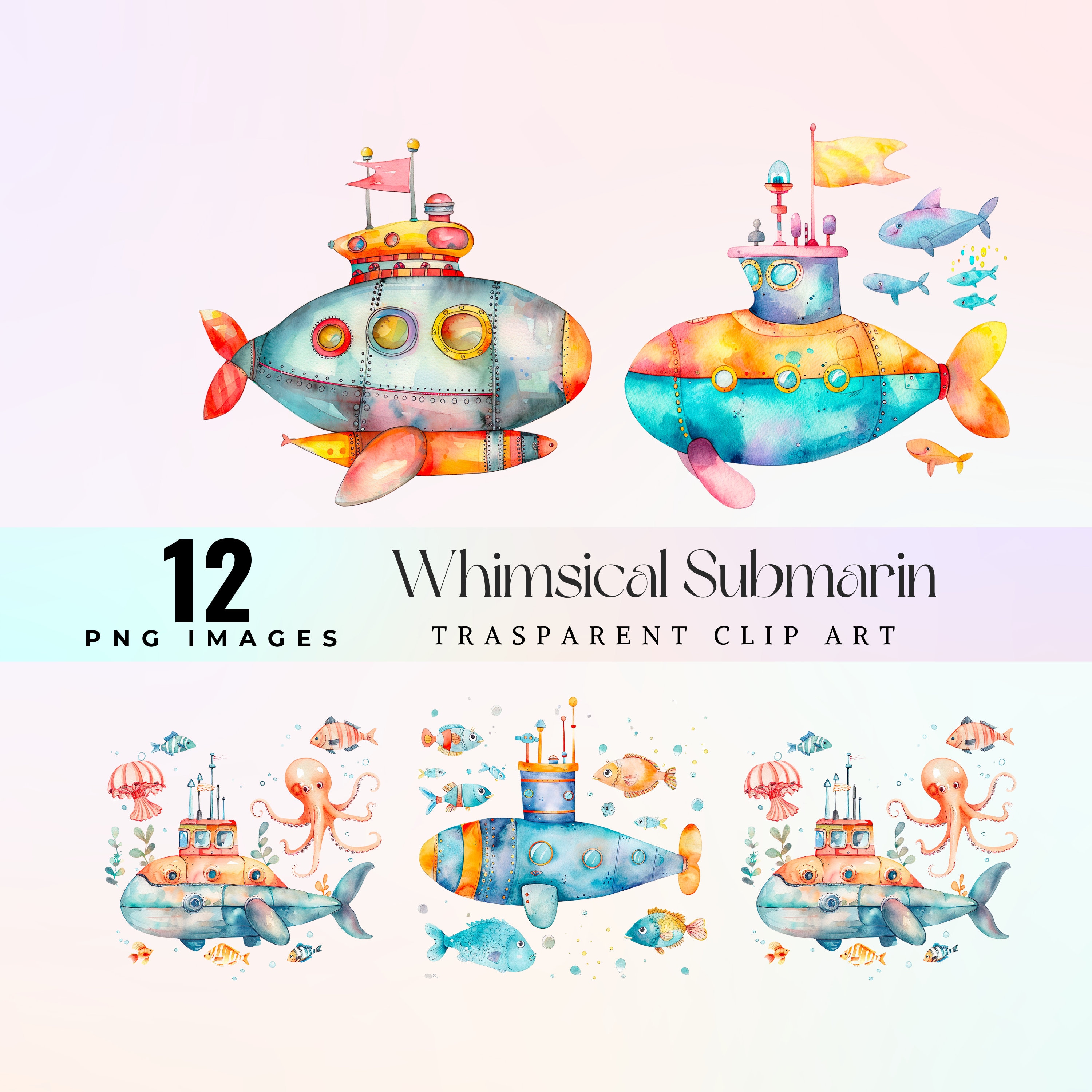 Whimsical Submarine Clip Art, Watercolor Quirky Submersible ...