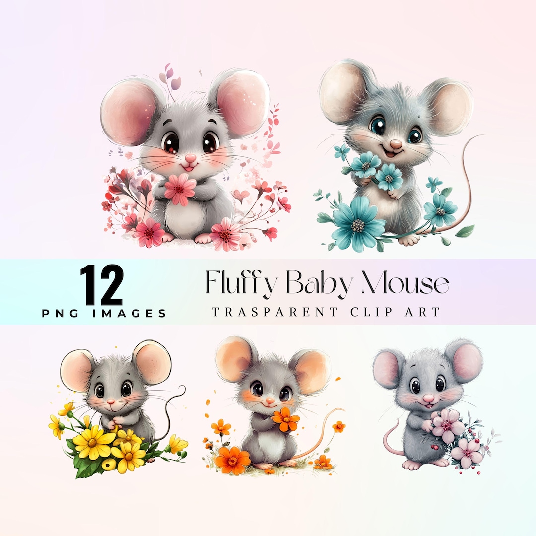Mouse and Flowers Clipart: Fluffy Mice Cartoon Illustration (PNG) - Etsy
