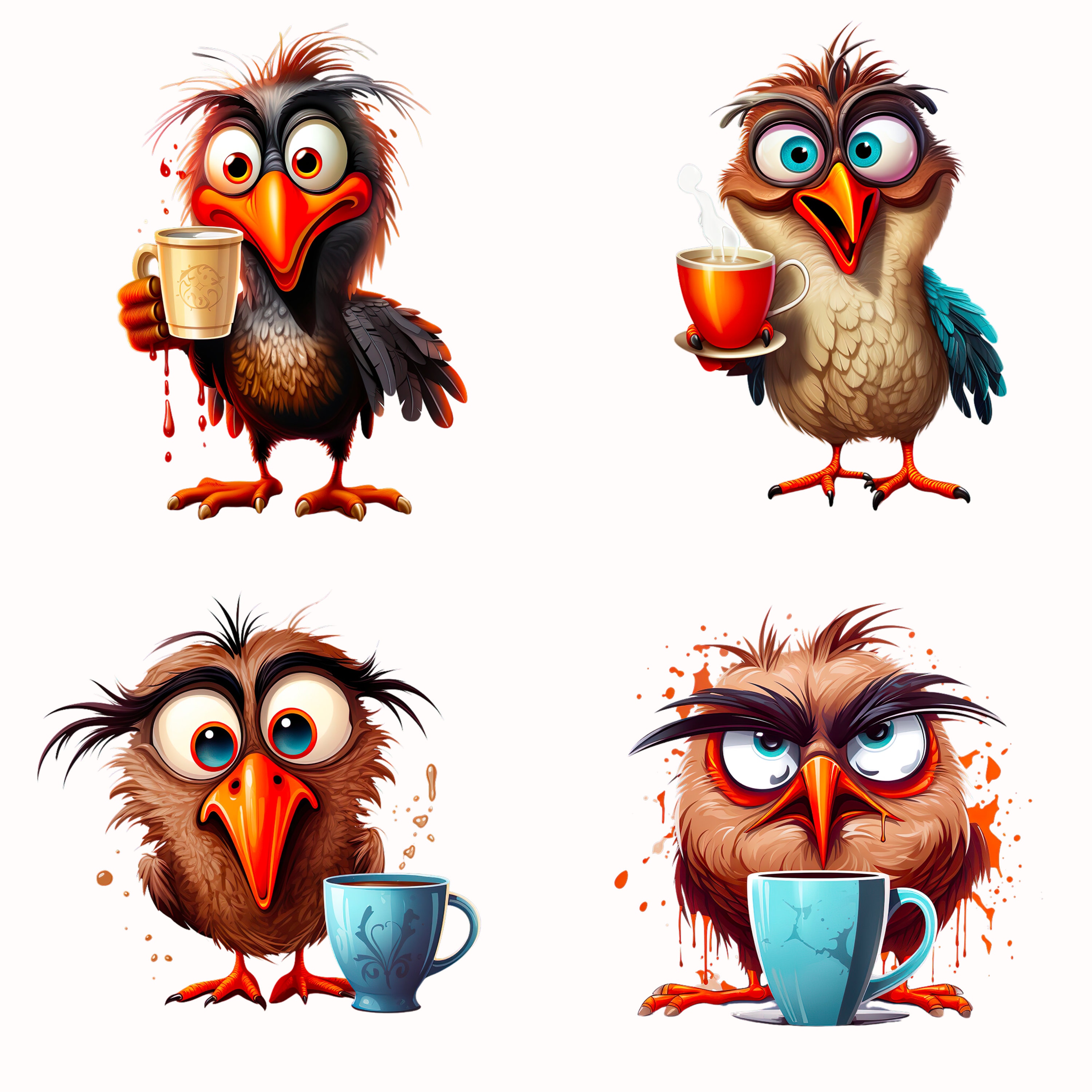 Crazy Birds Drink Coffee Clip Art, Watercolor Funny Birds Image PNG ...