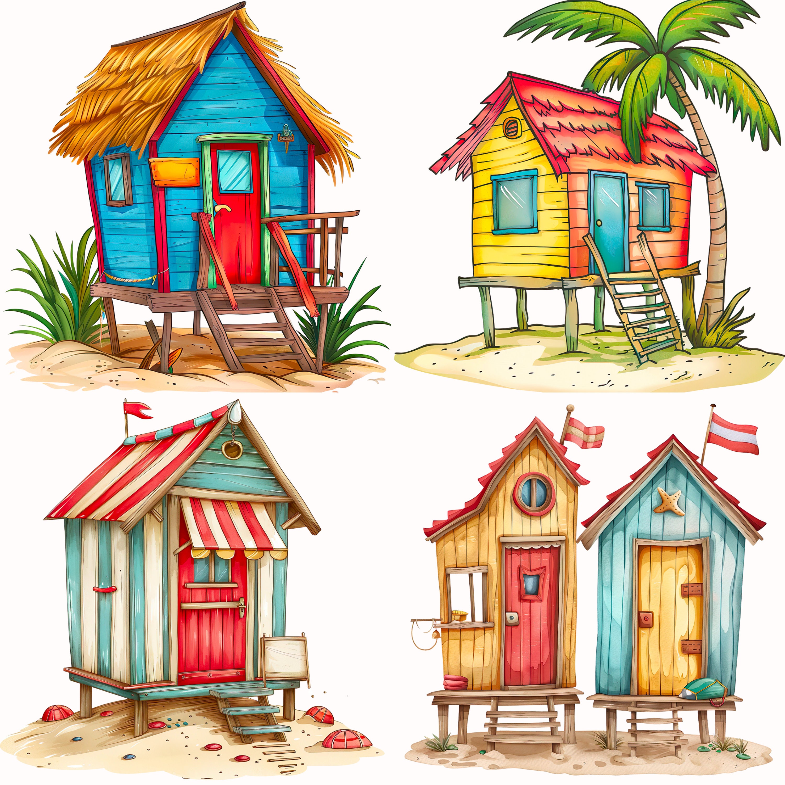 Whimsical Beach Hut Clip Art, Watercolor Quirky Beach Shack ...