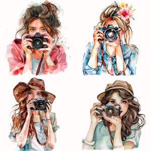 Charming Photographer Clip Art, Watercolor Adorable Woman With Camera Illustration PNG, Lovely ...