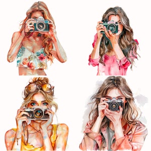Charming Photographer Clip Art, Watercolor Adorable Woman With Camera Illustration PNG, Lovely ...