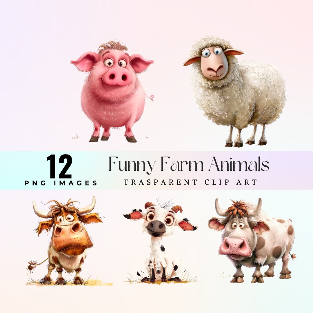 Watercolor Farm Animals Clip Art: Cheerful Barnyard PNG (digital ...