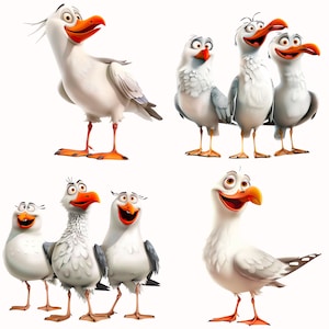 Funny Seagulls Clip Art, Watercolor Happy White Seagull Illustration ...