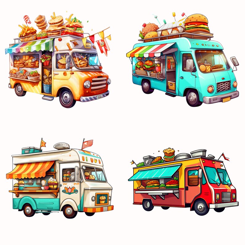 Cute Food Truck Clip Art, Quirky Food Van Illustration PNG, Happy Meal ...