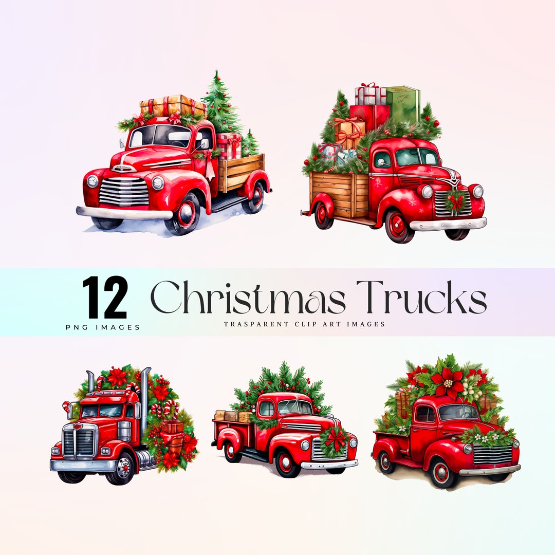 Christmas Truck Decor Clip Art, Red Festive Trucks PNG, Funny Christmas ...