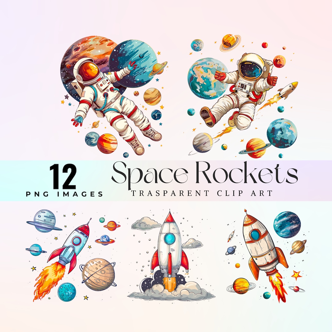 Cute Space Rockets Clip Art, Watercolor Planet Journey Illustrations ...
