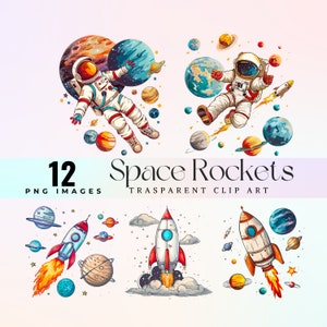 Watercolor Space Rockets Clip Art: Astronauts & Planets (PNG Digital ...