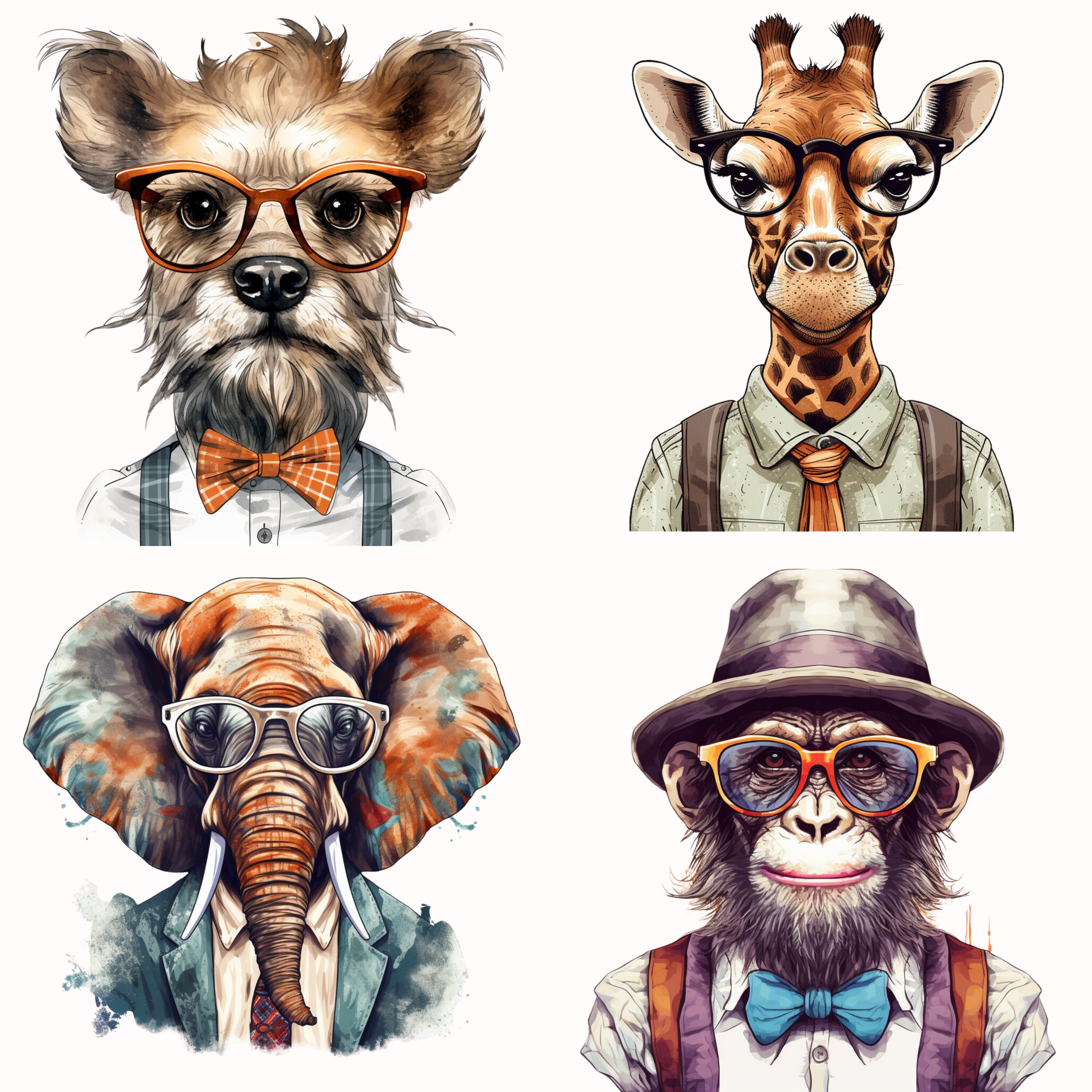 Happy Hipster Animals Clip Art, Cool Hipster Animal Illustrations PNG ...