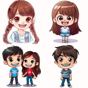 Funny Ortho Brace Kid Faces Clip Art, Watercolor Happy Chibi Children ...