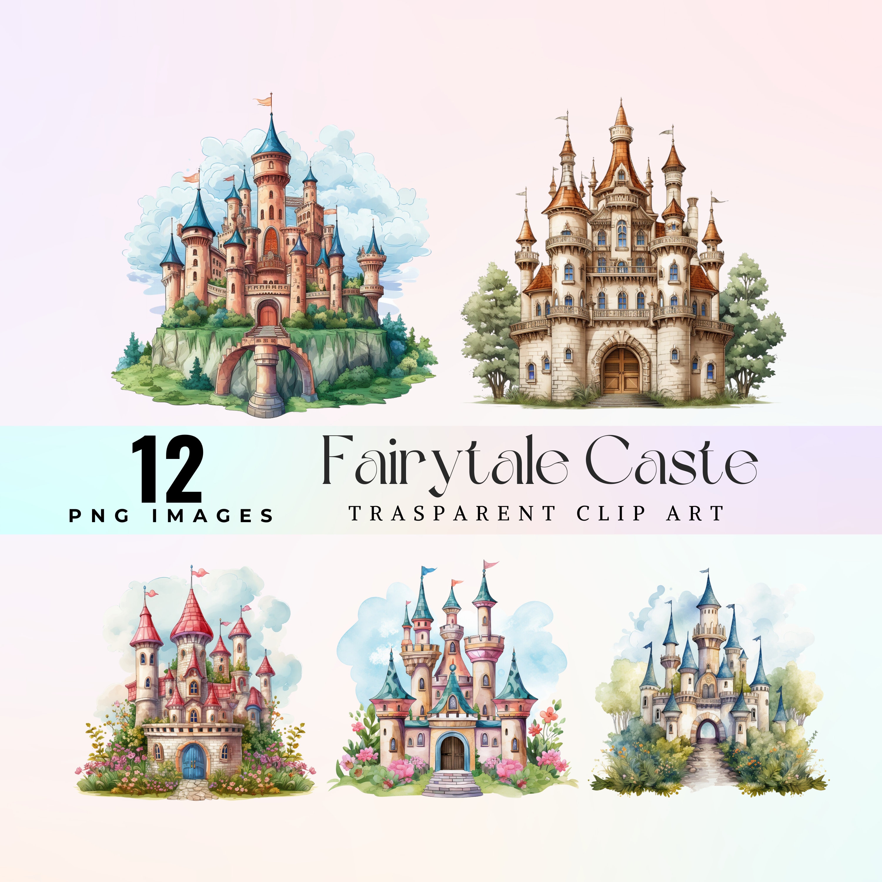 Cute Fairytale Castle Clip Art, Watercolor Magic Fairy Castle ...