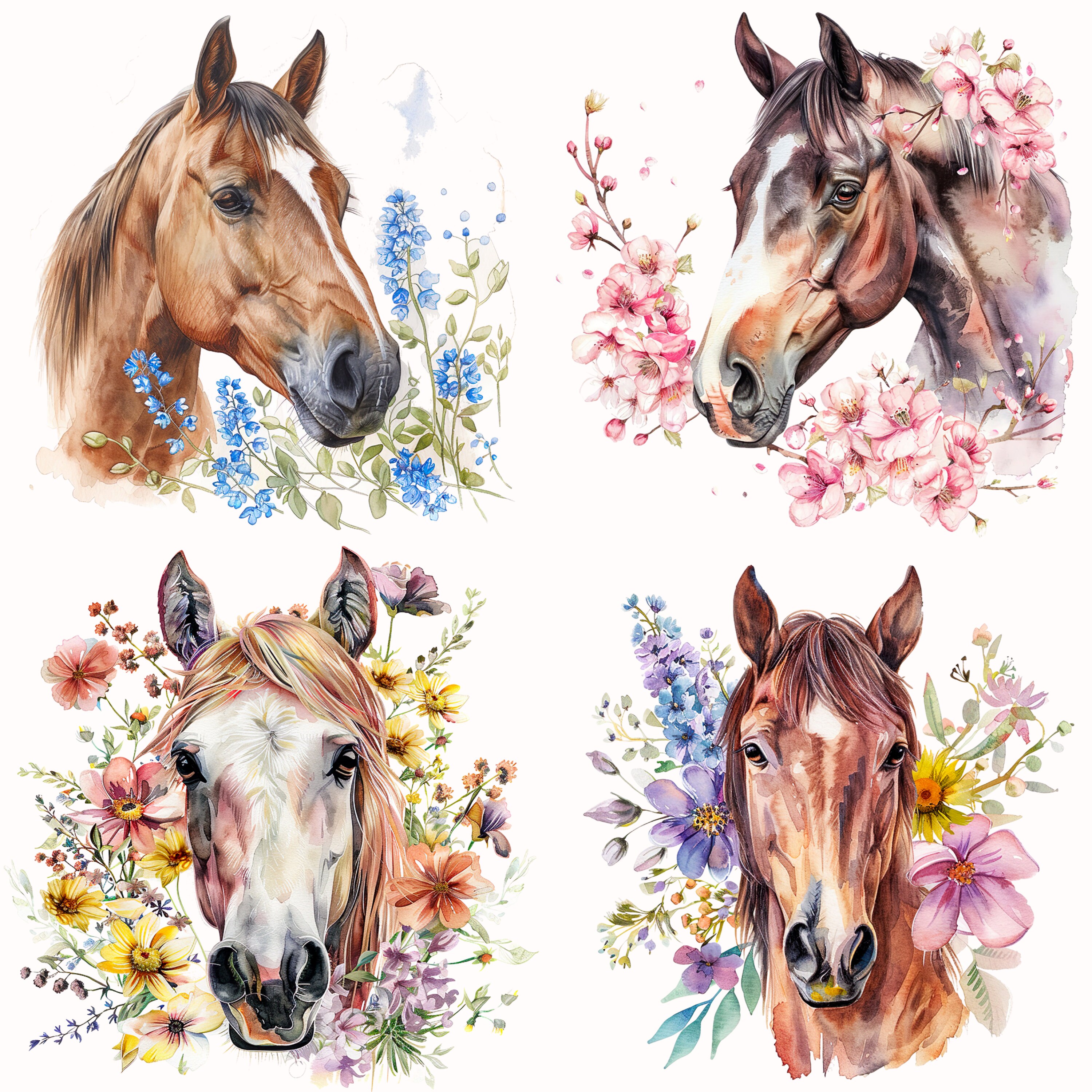 Lovely Floral Horse Face Clip Art, Watercolor Graceful Horse Portrait ...