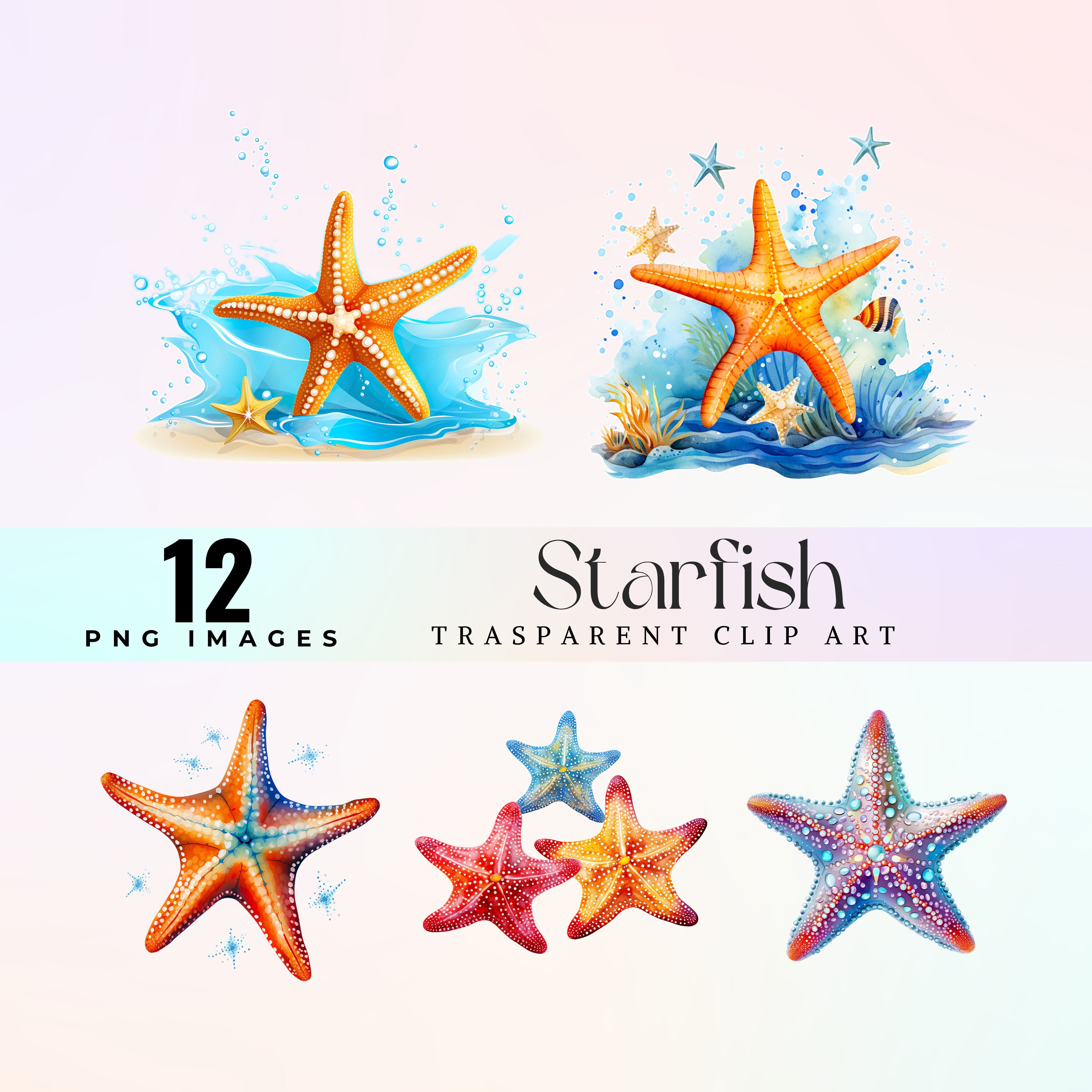 Cute Starfish Clip Art, Watercolor Bright Marine Stars Illustration PNG ...