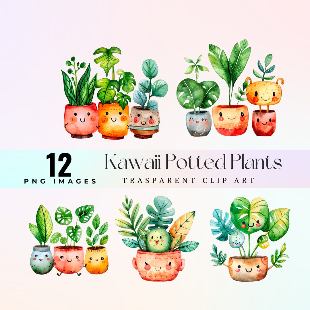 Cute Kawaii Potted Plants Clip Art, Watercolor Sweet Potted Flora ...