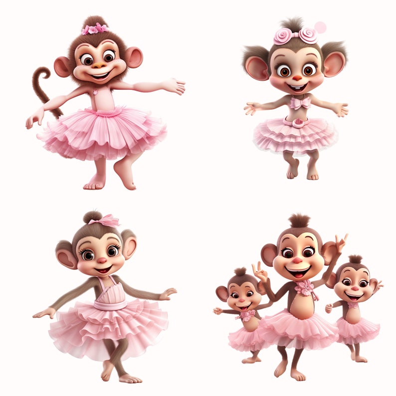 Happy Pink Ballerina Monkey Clip Art, Watercolor Funny Dancing Monkeys ...
