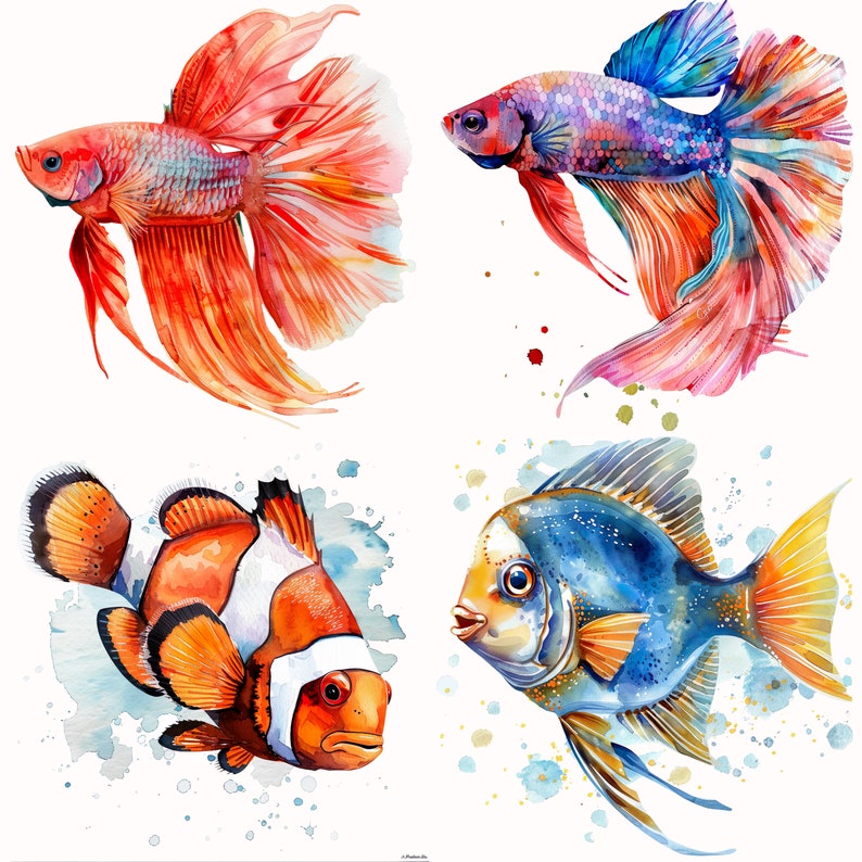 Cute Aquarium Fish Clip Art, Watercolor Colorful Tank Fish Illustration ...