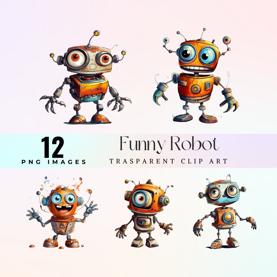 Watercolor Funny Robot Clipart: Cheery Cartoon Androids (PNG, 300 DPI ...