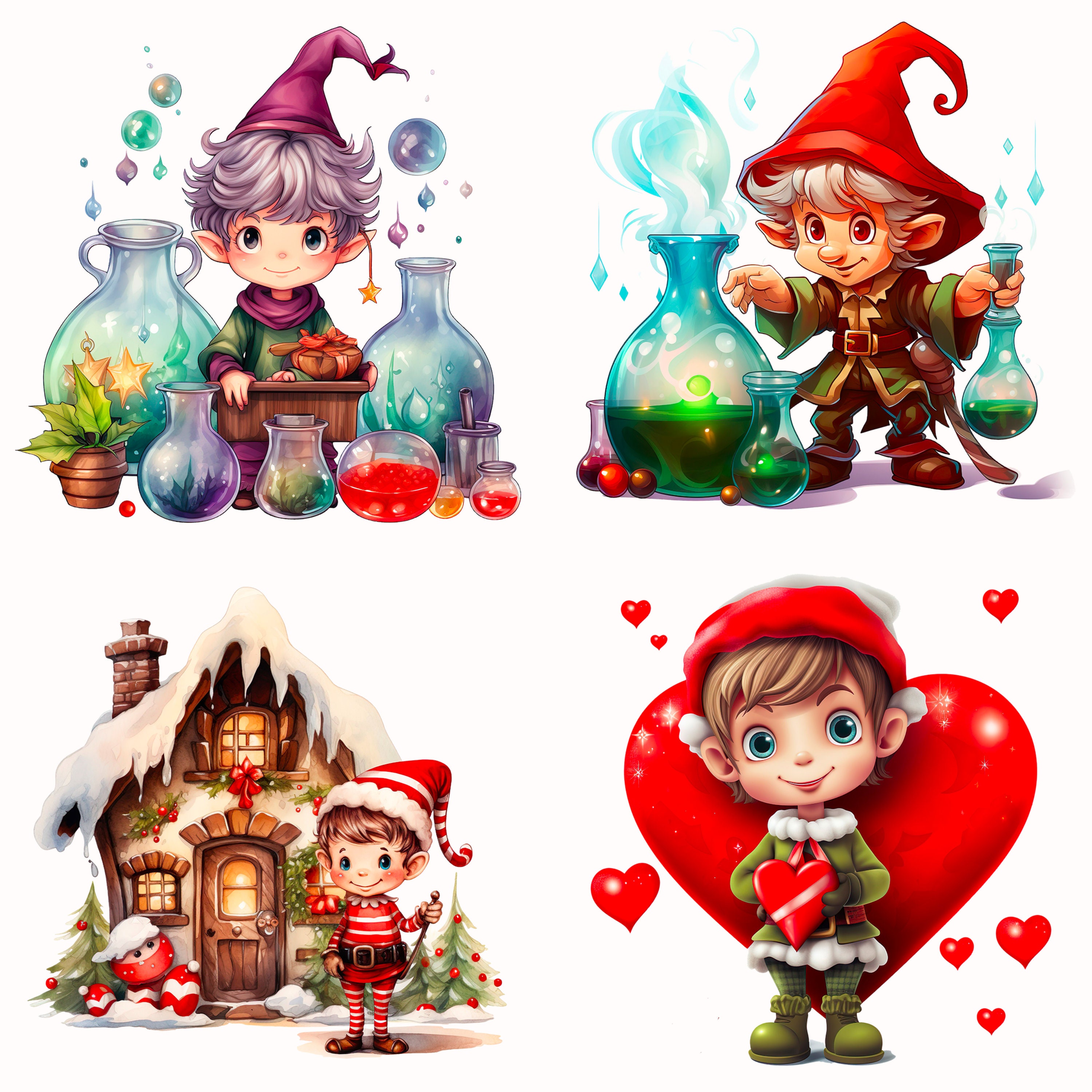 Christmas Elf Clip Art, Watercolor Festive Elf PNG, Cute Holiday Elves ...