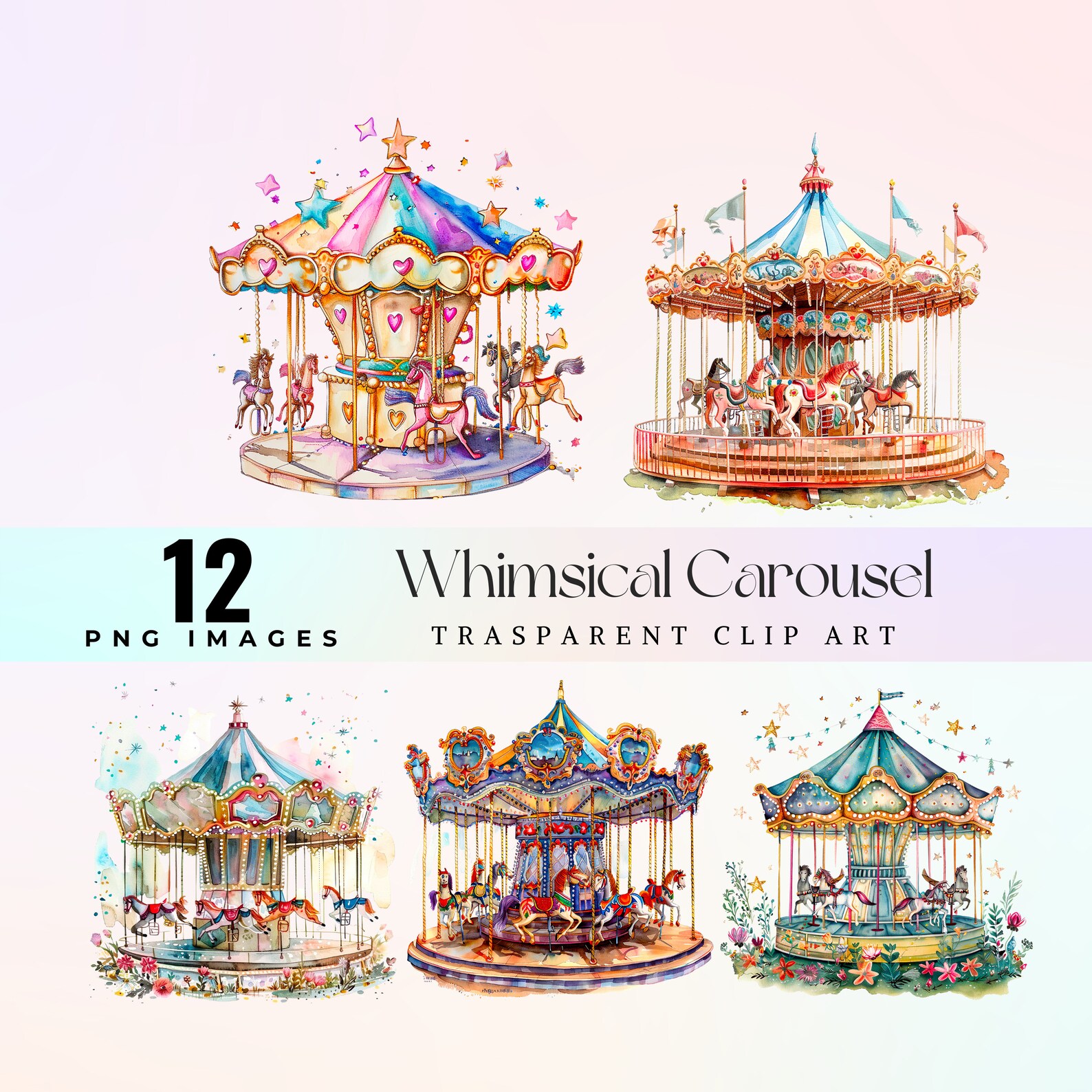 Whimsical Carousel Clip Art, Watercolor Joyful Merry-go-round ...