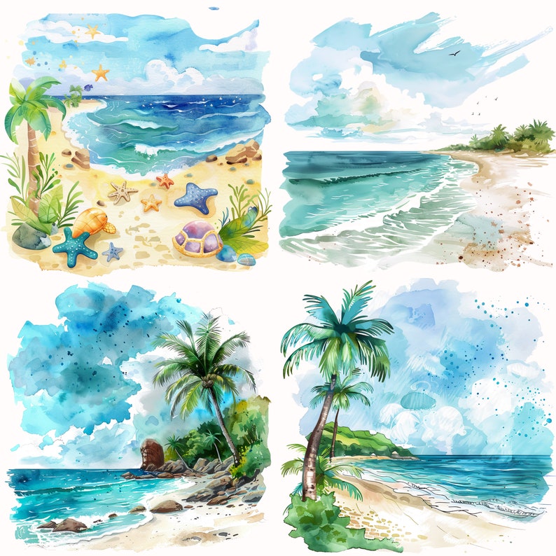 Lovely Ocean Beach Clip Art, Watercolor Cute Beach Vibes Illustration ...