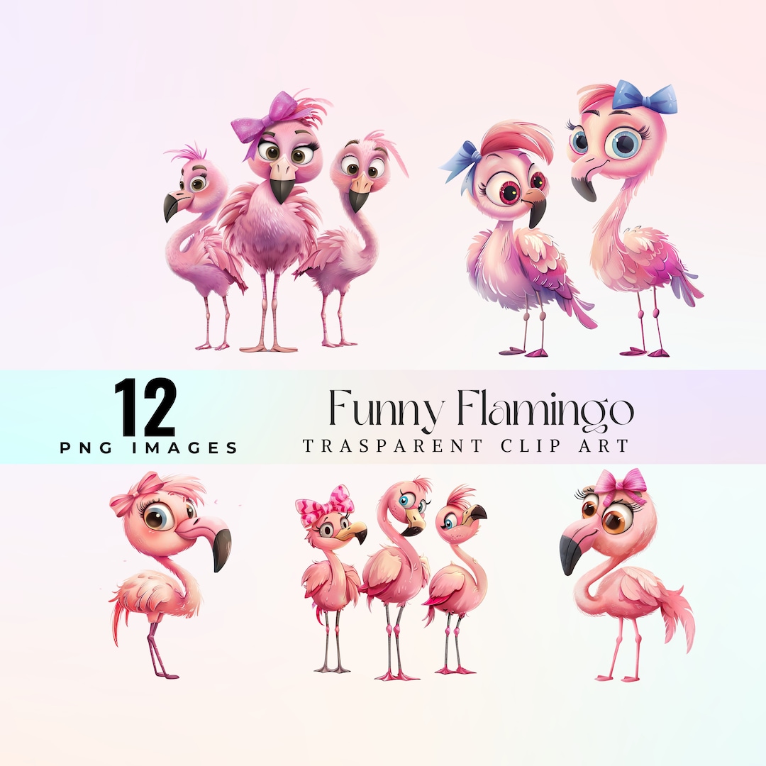 Funny Flamingos Clip Art, Watercolor Amusing Pink Birds Illustration ...