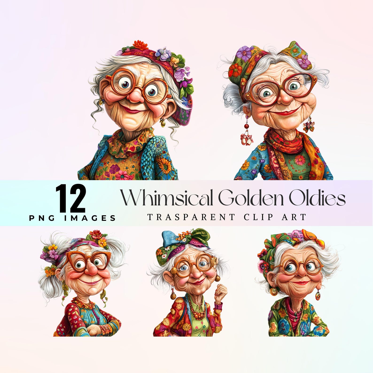 Whimsical Golden Oldies Clip Art, Watercolor Funny Grandma Illustration ...