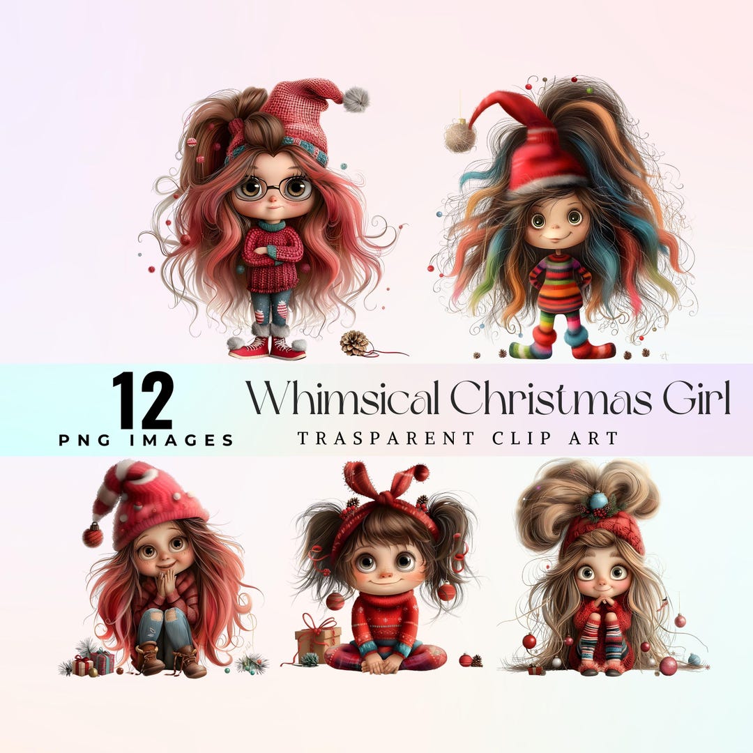 Whimsical Christmas Girl Clip Art, Watercolor Eccentric Festive Little ...