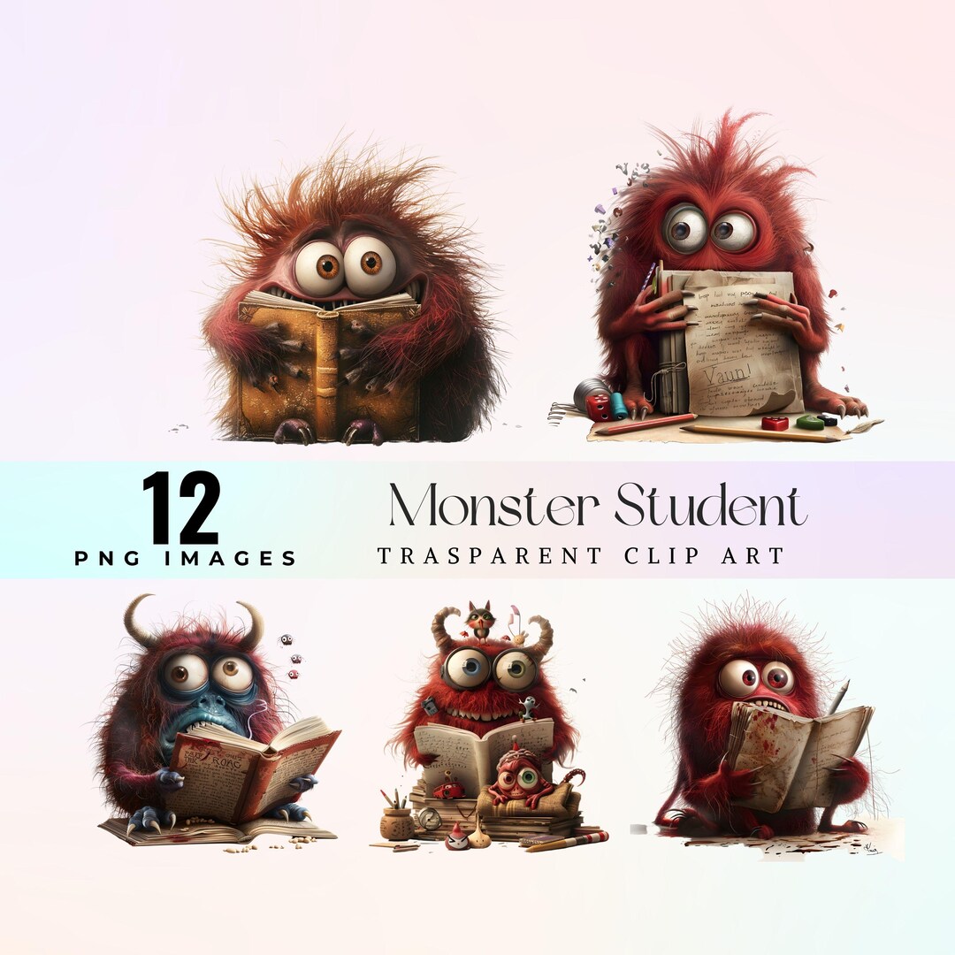 Quirky Monster Student Clip Art, Funny School Cartoon PNG, Cute Doodle ...