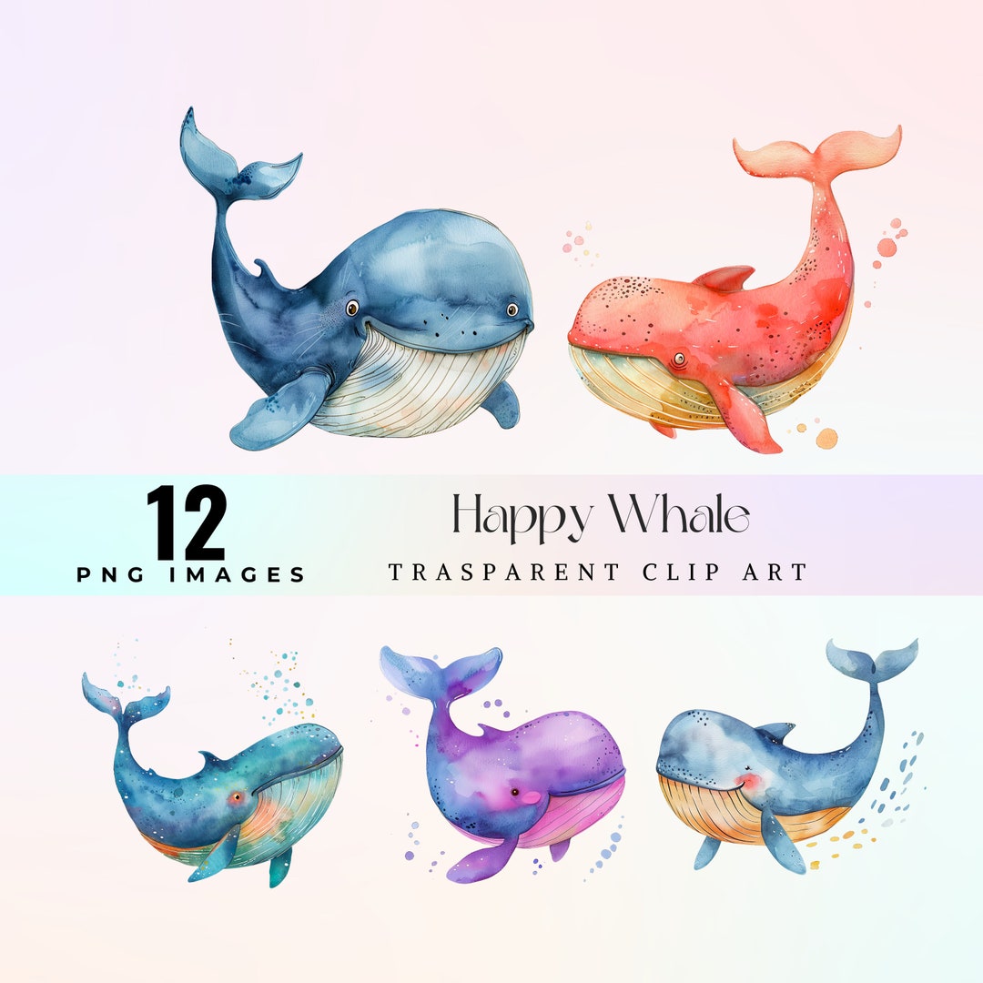 Cute Happy Whale Clip Art, Watercolor Cheerful Cetacean Illustration ...