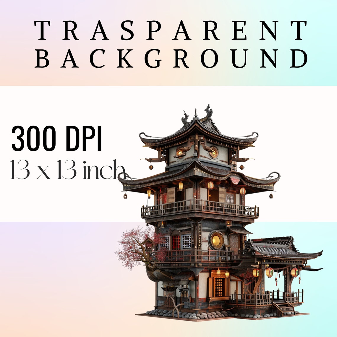 Japanese Steampunk House Clip Art, Watercolor Vintage Japan House ...