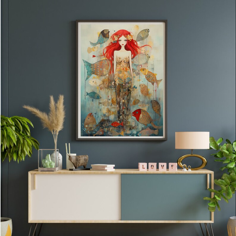 Mystic Mermaid Wall Art, Cute Sea Siren Painting, Nautical Wall Art ...