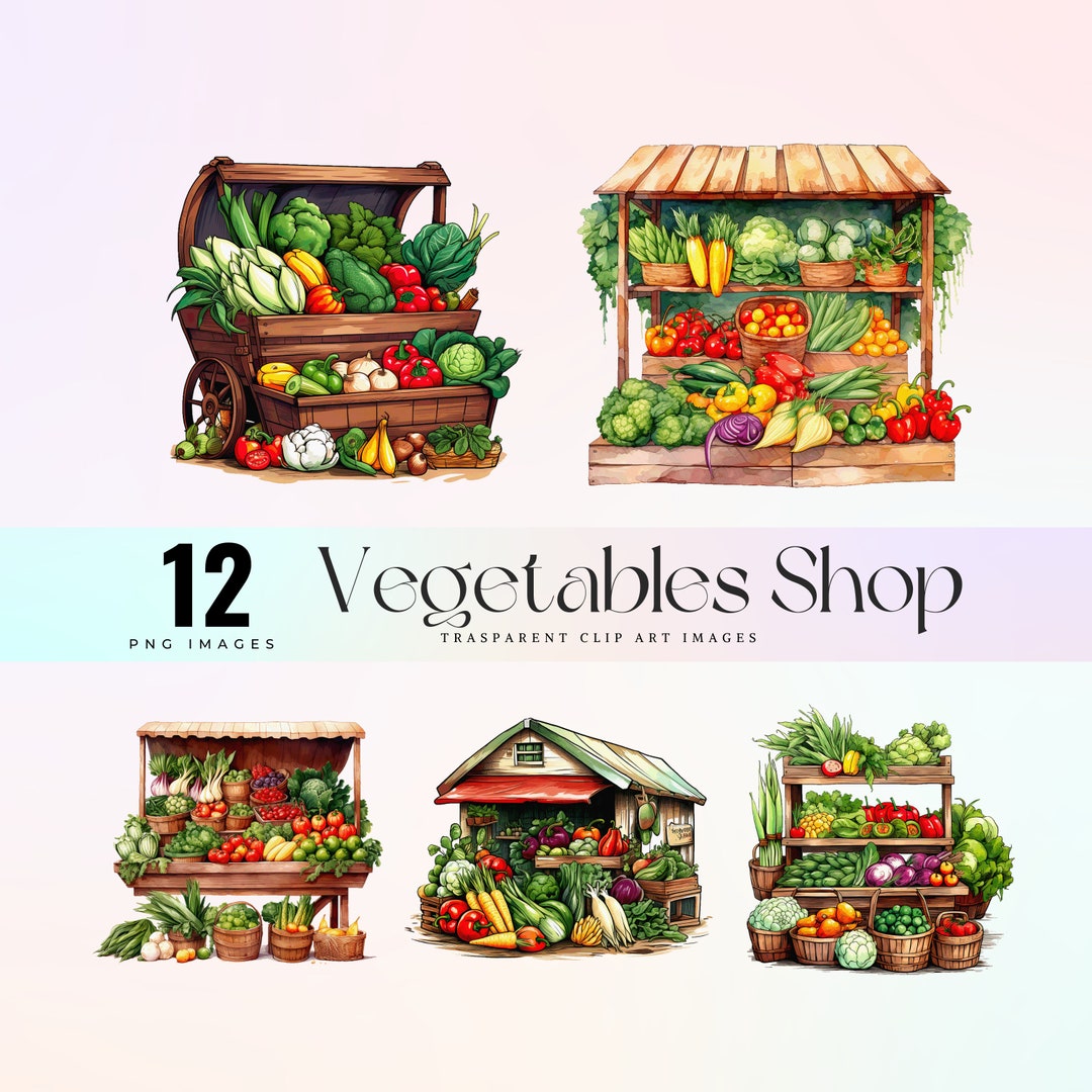 Cute Vegetables Shop Clip Art, Watercolor Colorful Vegetables Cart ...