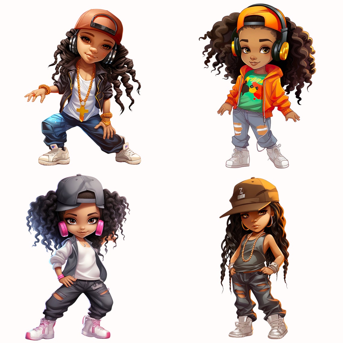 Playful Chibi Hip-hop Girl Clip Art, Watercolor Joyful Rap Girl ...
