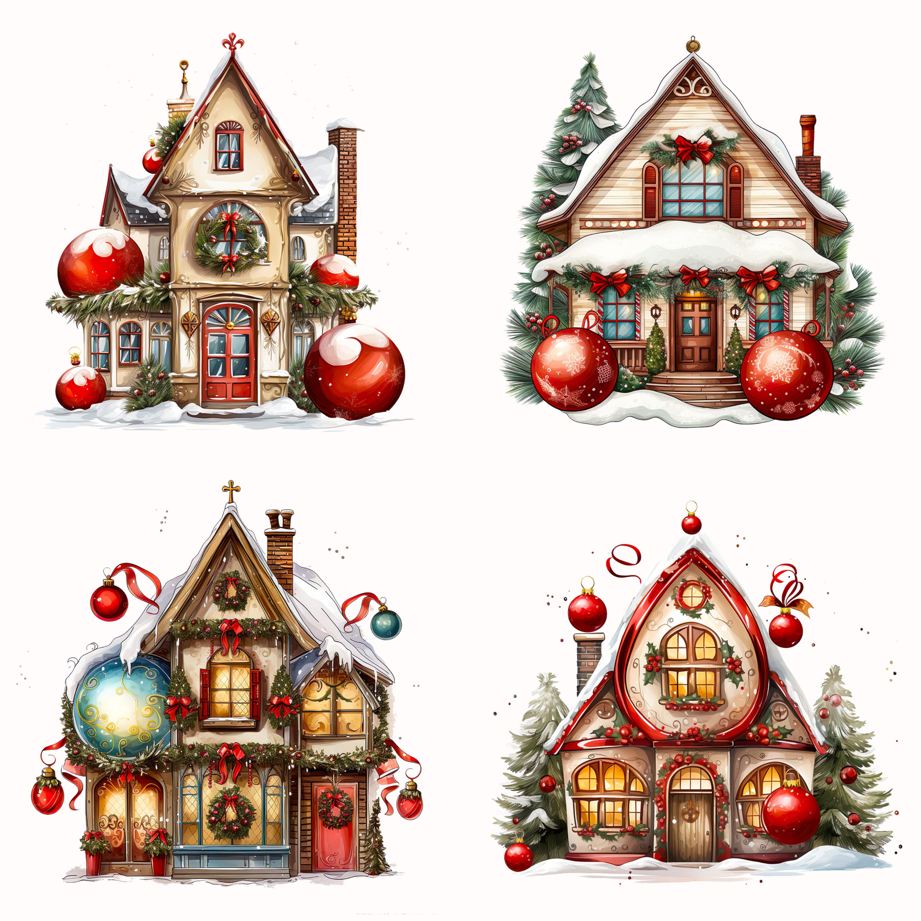Christmas Houses Clip Art, Watercolor Christmas Cottage PNG, Festive ...