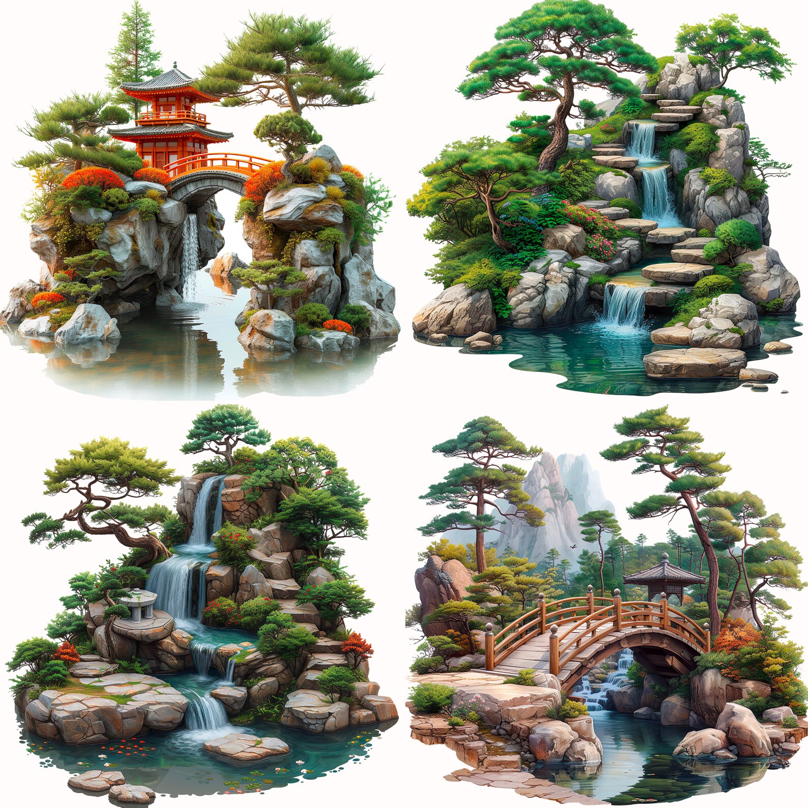 Realistic Enchanting Japanese Gardens Clip Art, Watercolor Harmonious ...