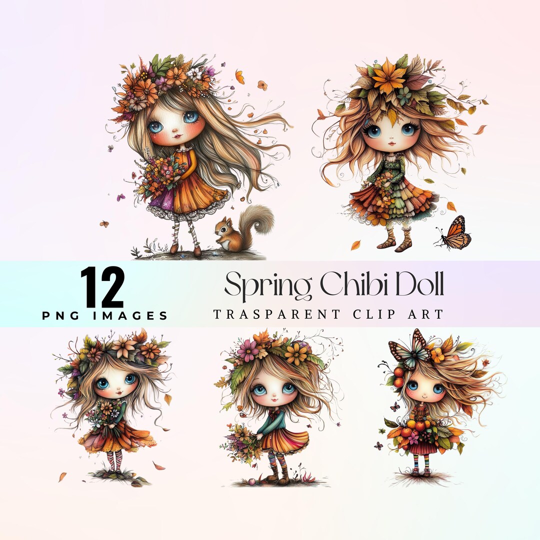 Watercolor Spring Chibi Doll Clip Art: Floral Kawaii PNG (digital ...