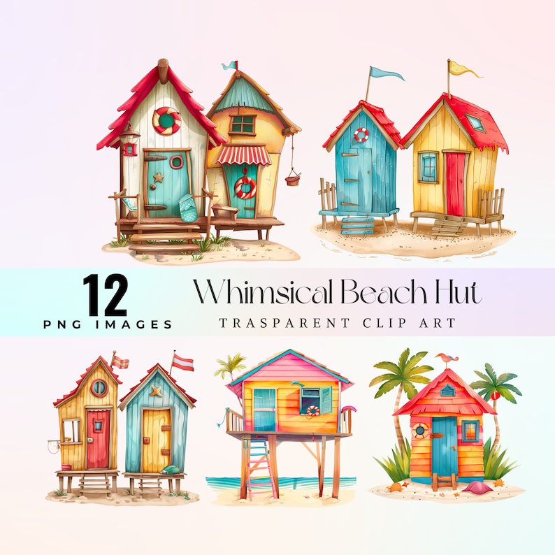 Whimsical Beach Hut Clip Art: Watercolor Coastal Cabin (PNG Digital ...