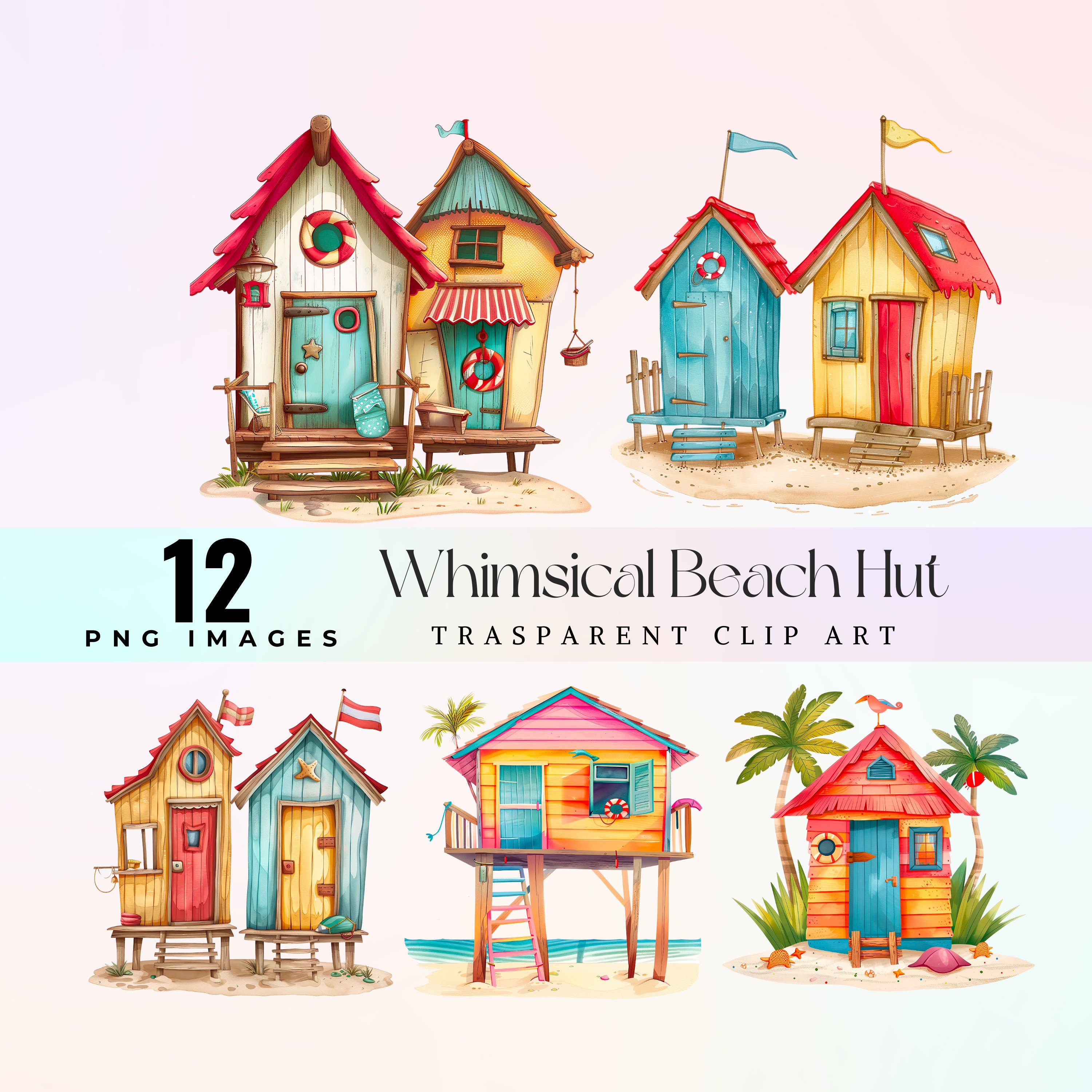 Whimsical Beach Hut Clip Art, Watercolor Quirky Beach Shack ...